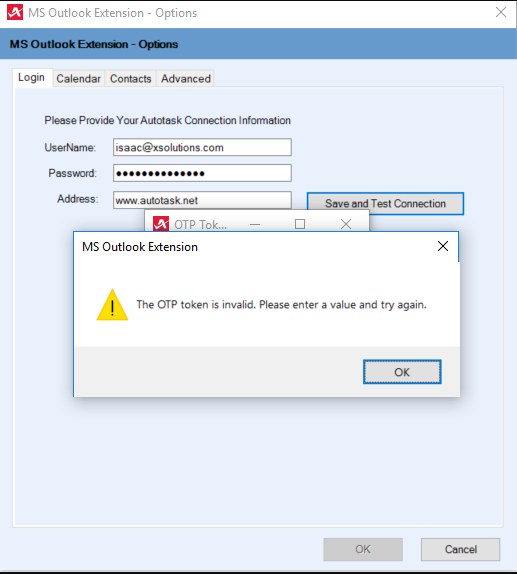 Autotask: Authentication Error When Configuring Microsoft Outlook Extension