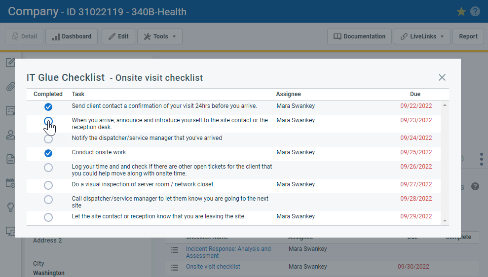 The IT Glue Checklists tab