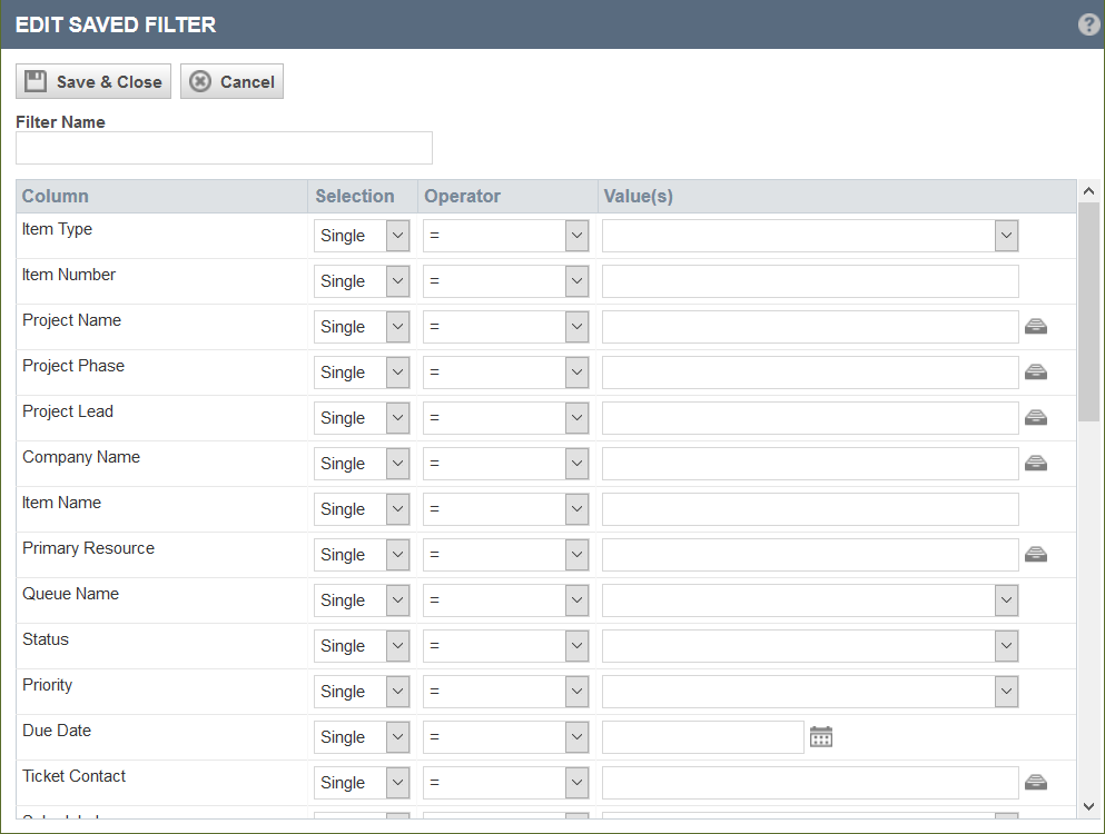 Creating and editing search filters